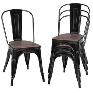 COSTWAY 18 Inch Dining Chair Set of 4, Industrial Vintage Stackable Metal Stools, Counter Bar Stools with High Backrest, Wood Seat, for Home, Kitchen and Cafe Bar Use