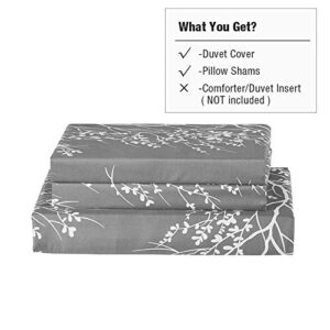 Vaulia Soft Microfiber Duvet Cover Set, Grey and White Floral Branches Printed Pattern - King Size 3-Piece Set (1 Duvet Cover 2 Pillow Shams)