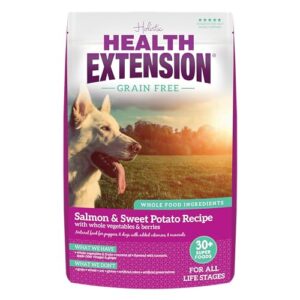 health extension dry dog food, natural with added vitamins & minerals, 1 lb / 0.45 kg, grain free, salmon & sweet potato recipe with vegetables & berries for all puppies