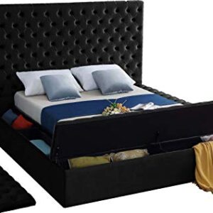 Meridian Furniture Bliss Collection Modern | Contemporary Velvet Upholstered Bed with Deep Button Tufting and Storage Compartments in Rails and Footboard, Black, Queen