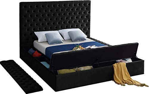 Meridian Furniture Bliss Collection Modern | Contemporary Velvet Upholstered Bed with Deep Button Tufting and Storage Compartments in Rails and Footboard, Black, Queen