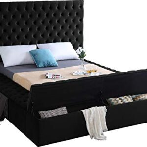 Meridian Furniture Bliss Collection Modern | Contemporary Velvet Upholstered Bed with Deep Button Tufting and Storage Compartments in Rails and Footboard, Black, Queen