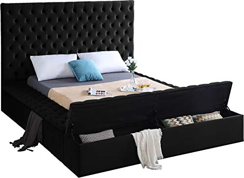 Meridian Furniture Bliss Collection Modern | Contemporary Velvet Upholstered Bed with Deep Button Tufting and Storage Compartments in Rails and Footboard, Black, Queen