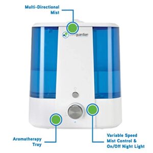 PureGuardian H1175WCA Ultrasonic Cool Mist Humidifier, 90 Hrs. Run Time, 1.5 Gal. Tank Capacity, 390 Sq. Ft. Coverage, Medium Rooms, Quiet, Filter Free, Silver Clean Treated Tank, Essential Oil Tray