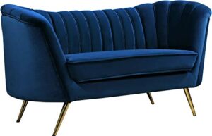 meridian furniture margo collection modern | contemporary velvet upholstered loveseat with deep channel tufting and rich gold stainless steel legs, navy, 65" w x 30" d x 33" h