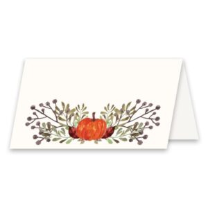 Koko Paper Co Thanksgiving Table Place Cards with Pumpkin and Fall Leaves | 50 Tent Style Dinner Setting Name Cards | Designed and Made in the U.S.A.