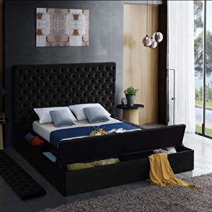 Meridian Furniture Bliss Collection Modern | Contemporary Velvet Upholstered Bed with Deep Button Tufting and Storage Compartments in Rails and Footboard, Black, Queen