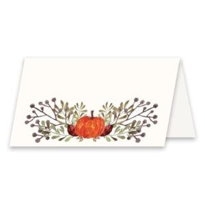 koko paper co thanksgiving table place cards with pumpkin and fall leaves | 50 tent style dinner setting name cards | designed and made in the u.s.a.