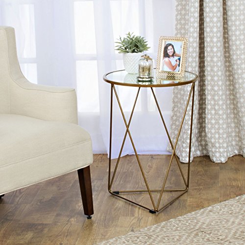 HomePop Metal Accent Table Triangle Base Round Mirror Top, Gold