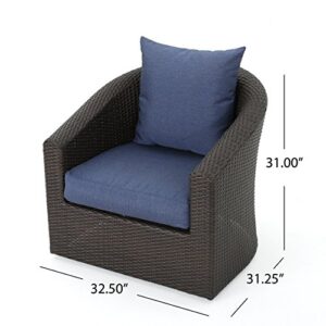 GDFStudio Outdoor Aluminum Framed Mix Brown Wicker Swivel Club Chair with Water Resistant Cushions (Set o f4, Navy Blue)