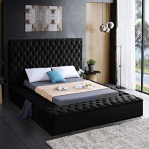 Meridian Furniture Bliss Collection Modern | Contemporary Velvet Upholstered Bed with Deep Button Tufting and Storage Compartments in Rails and Footboard, Black, Queen