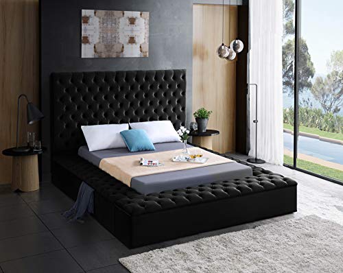 Meridian Furniture Bliss Collection Modern | Contemporary Velvet Upholstered Bed with Deep Button Tufting and Storage Compartments in Rails and Footboard, Black, Queen