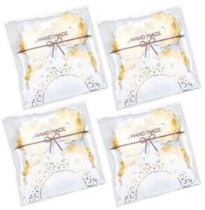 efivs arts 200pcs 5.5x5.5in lovely lace bowknot clear biscuit roasting treat present diy plastic candy individual wrappers self adhesive opp cookie bakery decorating favor bags