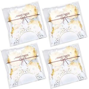 Efivs Arts 200pcs 5.5x5.5in Lovely Lace Bowknot Clear Biscuit Roasting Treat Present DIY Plastic Candy Individual Wrappers Self Adhesive OPP Cookie Bakery Decorating Favor Bags