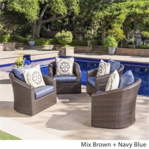 GDFStudio Outdoor Aluminum Framed Mix Brown Wicker Swivel Club Chair with Water Resistant Cushions (Set o f4, Navy Blue)