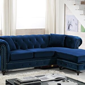 Meridian Furniture Sabrina REVERSIBLE 2 Piece Button Tufted Velvet Sectional with Scroll Arms, Nailhead Trim, and Custom Wood Legs, Navy