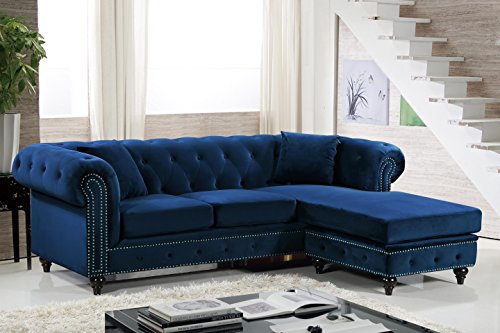 Meridian Furniture Sabrina REVERSIBLE 2 Piece Button Tufted Velvet Sectional with Scroll Arms, Nailhead Trim, and Custom Wood Legs, Navy