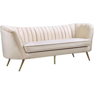 meridian furniture margo collection modern | contemporary velvet upholstered sofa with deep channel tufting and rich gold stainless steel legs, cream, 88" w x 30" d x 33" h