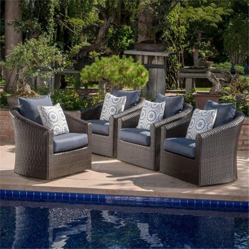 GDFStudio Outdoor Aluminum Framed Mix Brown Wicker Swivel Club Chair with Water Resistant Cushions (Set o f4, Navy Blue)