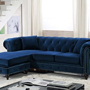 Meridian Furniture Sabrina REVERSIBLE 2 Piece Button Tufted Velvet Sectional with Scroll Arms, Nailhead Trim, and Custom Wood Legs, Navy