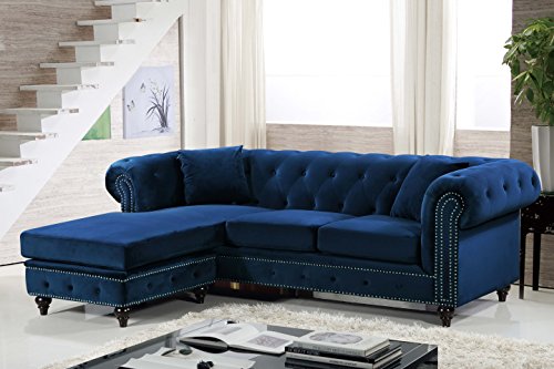 Meridian Furniture Sabrina REVERSIBLE 2 Piece Button Tufted Velvet Sectional with Scroll Arms, Nailhead Trim, and Custom Wood Legs, Navy