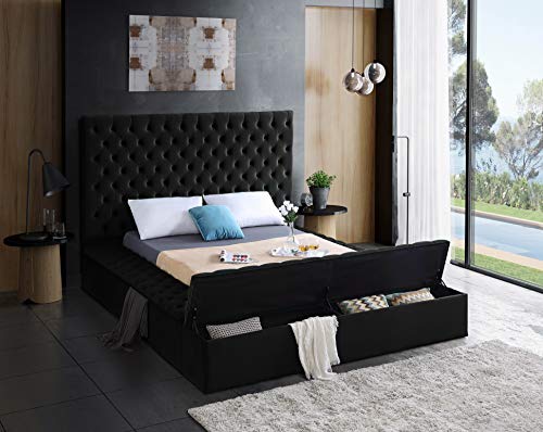 Meridian Furniture Bliss Collection Modern | Contemporary Velvet Upholstered Bed with Deep Button Tufting and Storage Compartments in Rails and Footboard, Black, Queen