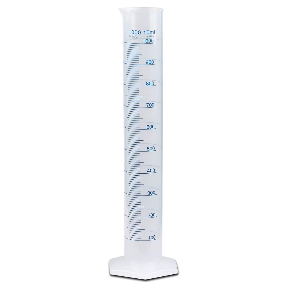 1000ml Plastic Graduated Cylinder, Printed and Molded Graduations, Single Metric Scale, Polypropylene, Karter Scientific 237O2 (Single)