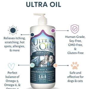 Ultra Oil Skin and Coat Supplement for Dogs & Cats - Hemp Seed Oil, Flaxseed Oil, Grape Seed Oil, Fish Oil for Relief from Dry Itchy Skin, Dandruff, and Allergies (8oz)