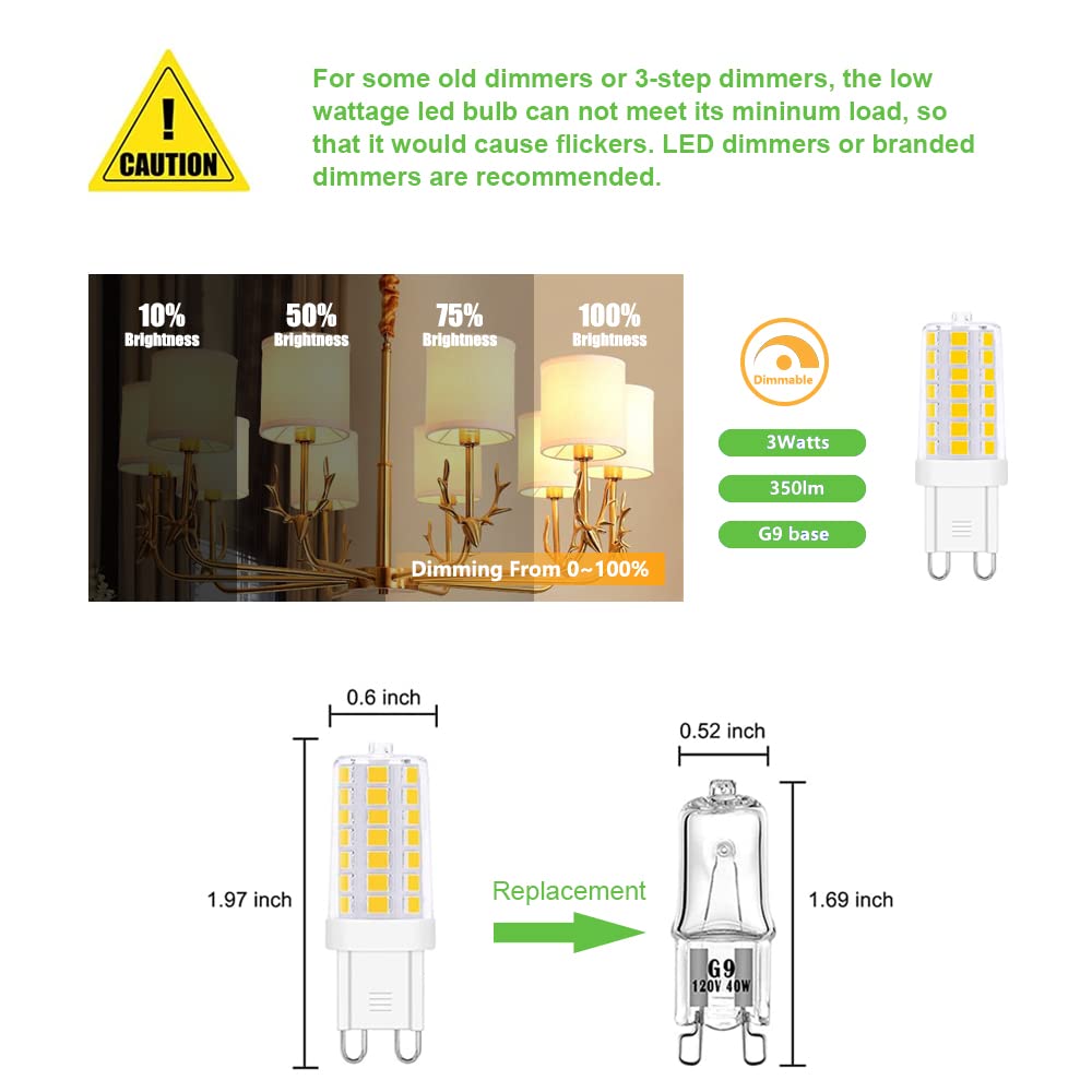 Makergroup Dimmable G9 LED Light Bulbs 120V, 35W T4 G9 Halogen Equivalent, Warm White 2700K 3000K for Crystal Chandeliers Lights, Accent,Pedant Lights,Wall Sconces,Ceiling Lights 6-Pack