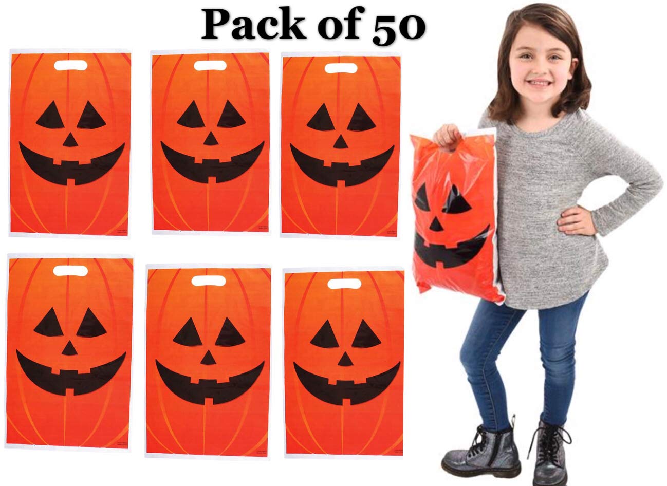 GiftExpress 50 Pieces 11" X 17" Jack O Lantern Trick or Treat Bag, Halloween Trick or Treat Bag, Halloween Party Goody Bags, Jack O Lantern Plastic Bags Bags, Halloween Goodie Bags