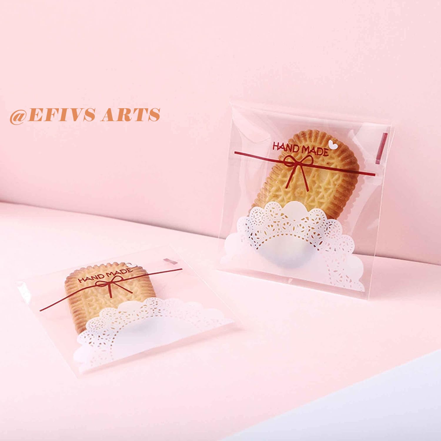 Efivs Arts 200pcs 5.5x5.5in Lovely Lace Bowknot Clear Biscuit Roasting Treat Present DIY Plastic Candy Individual Wrappers Self Adhesive OPP Cookie Bakery Decorating Favor Bags