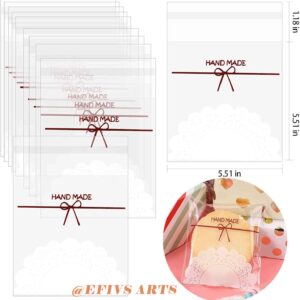 Efivs Arts 200pcs 5.5x5.5in Lovely Lace Bowknot Clear Biscuit Roasting Treat Present DIY Plastic Candy Individual Wrappers Self Adhesive OPP Cookie Bakery Decorating Favor Bags