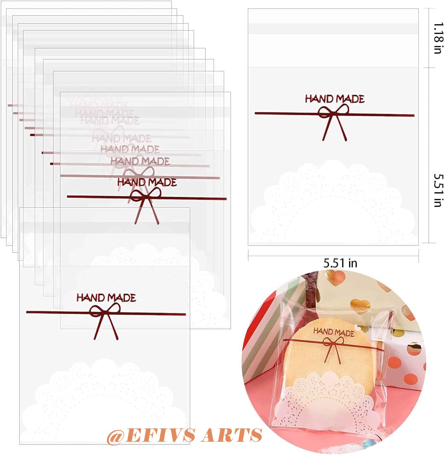 Efivs Arts 200pcs 5.5x5.5in Lovely Lace Bowknot Clear Biscuit Roasting Treat Present DIY Plastic Candy Individual Wrappers Self Adhesive OPP Cookie Bakery Decorating Favor Bags