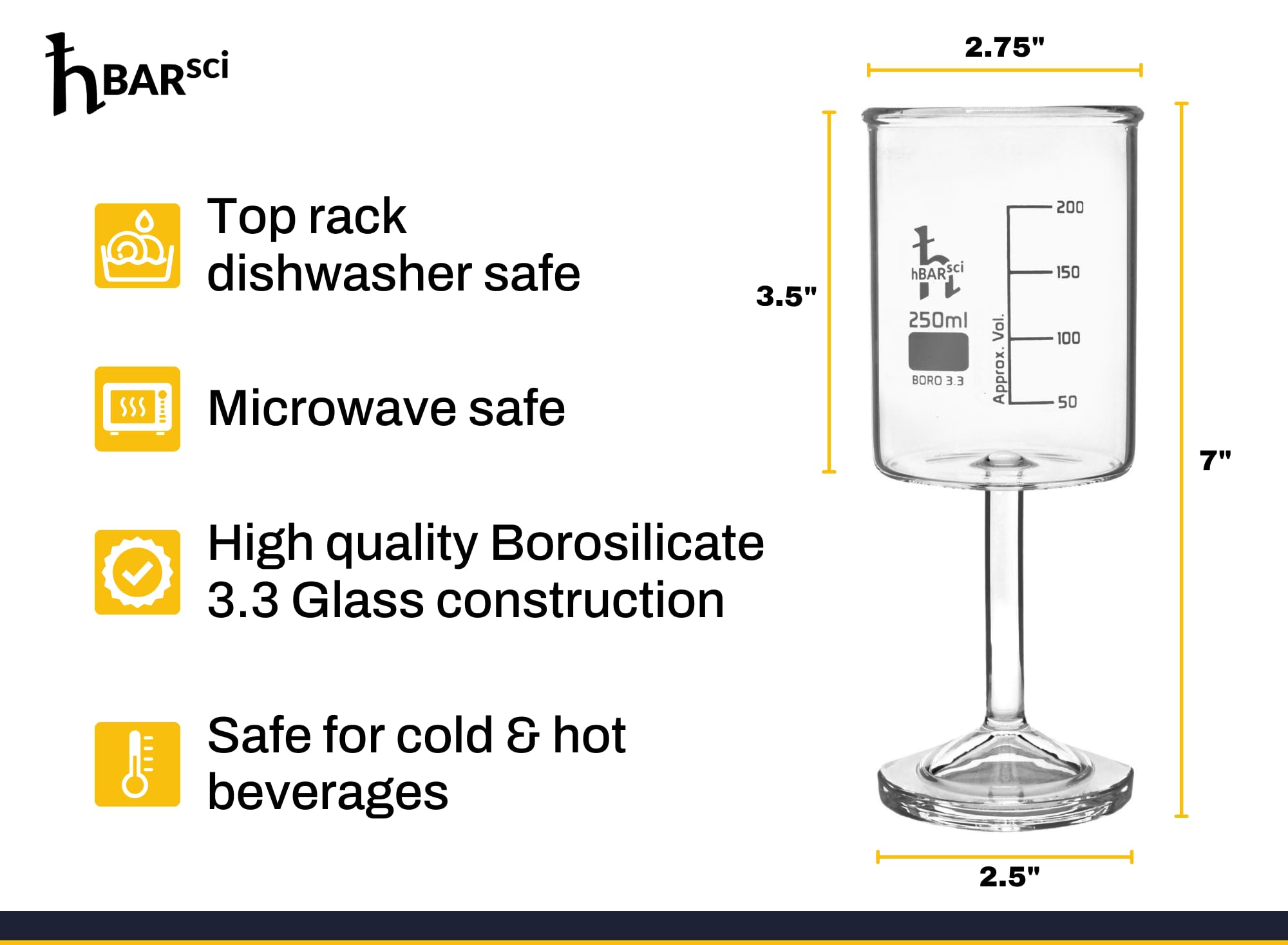 hBARSCI Handmade Beaker Wine Glass, Made of Lab Grade Borosilicate 3.3 Glass - 250mL Capacity, Dishwasher Safe