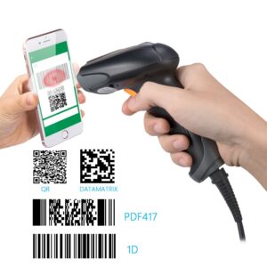 Bluehresy 2D Barcode Scanner USB Wired 1D 2D Datamatrix PDF417 QR Code Handheld Reader for Screen and Printed Bar Code Scan, Works with Windows Mac and Linux PC POS