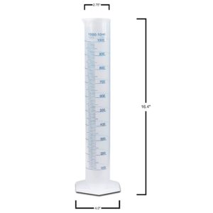 1000ml Plastic Graduated Cylinder, Printed and Molded Graduations, Single Metric Scale, Polypropylene, Karter Scientific 237O2 (Single)