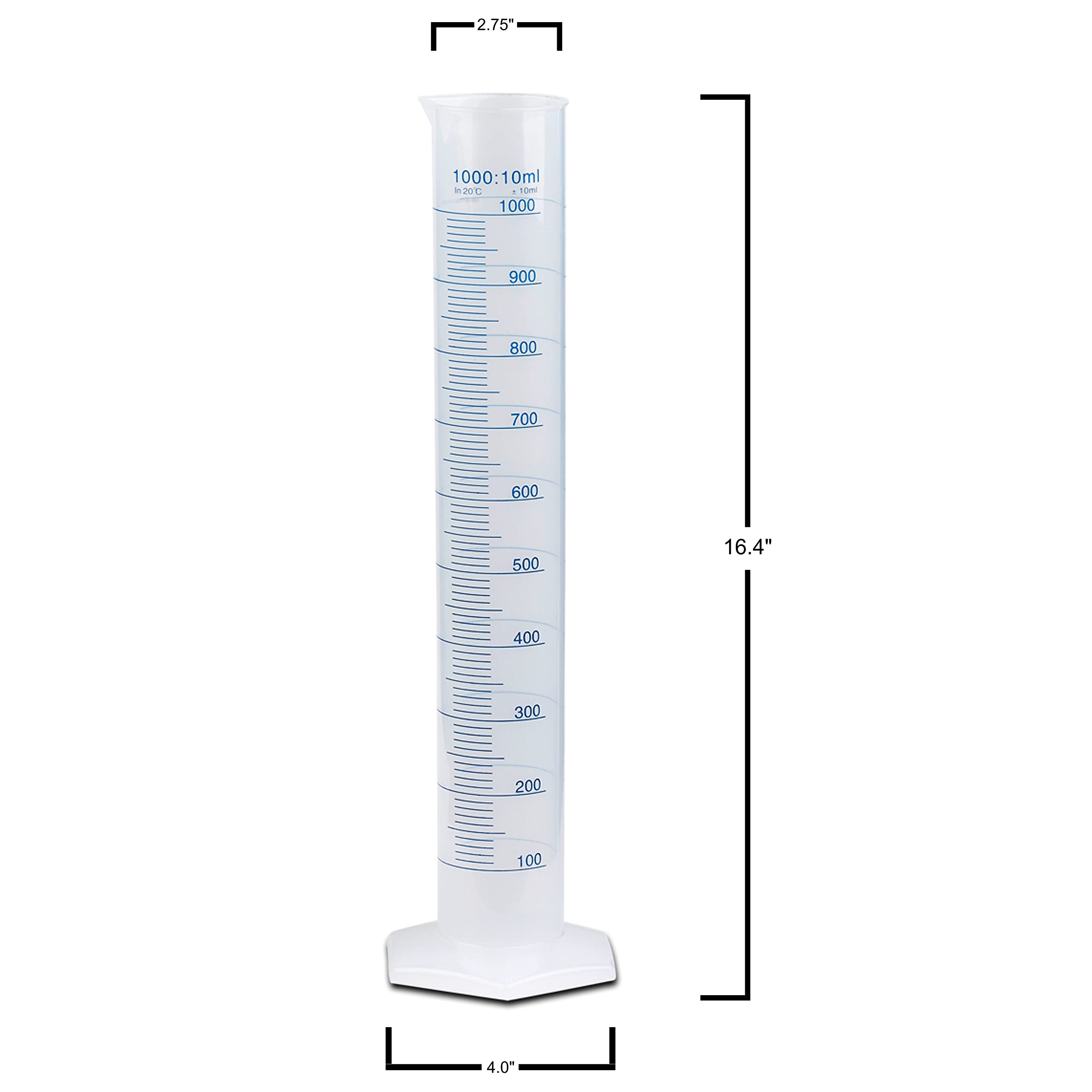 1000ml Plastic Graduated Cylinder, Printed and Molded Graduations, Single Metric Scale, Polypropylene, Karter Scientific 237O2 (Single)