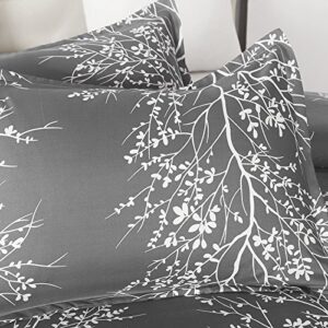 Vaulia Soft Microfiber Duvet Cover Set, Grey and White Floral Branches Printed Pattern - King Size 3-Piece Set (1 Duvet Cover 2 Pillow Shams)