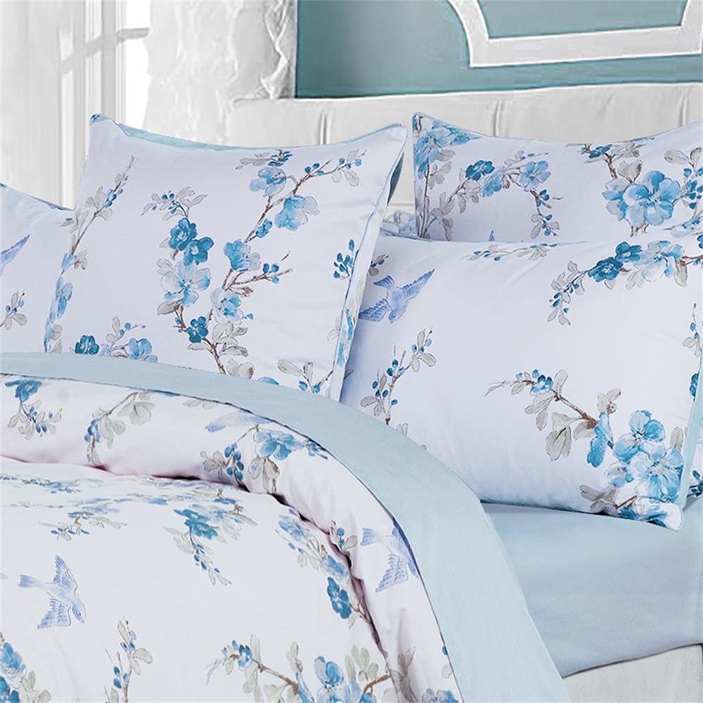 Brandream Blossom Floral Birds Duvet Cover Queen Size 100% Egyption Cotton Farmhouse Bedding Set White Blue Botanical Branches Flower Pattern