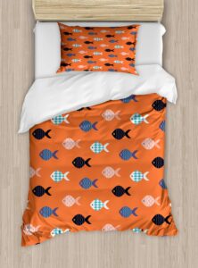 ambesonne peach duvet cover set, fishes motif nautical marine sea underwater creature animal aquarium, decorative 2 piece bedding set with 1 pillow sham, twin size, coral blue