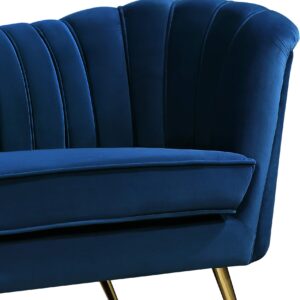 Meridian Furniture Margo Collection Modern | Contemporary Velvet Upholstered Sofa with Deep Channel Tufting and Rich Gold Stainless Steel Legs, Navy, 88" W x 30" D x 33" H