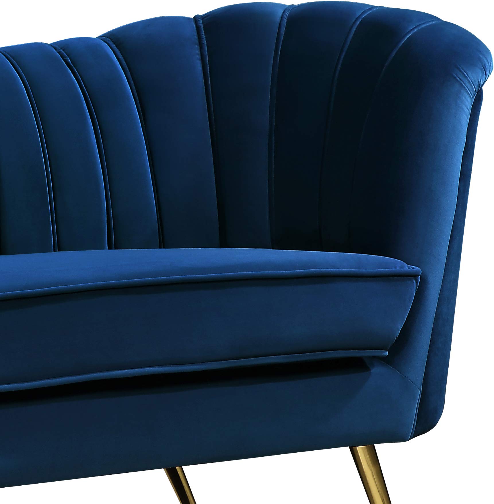 Meridian Furniture Margo Collection Modern | Contemporary Velvet Upholstered Sofa with Deep Channel Tufting and Rich Gold Stainless Steel Legs, Navy, 88" W x 30" D x 33" H