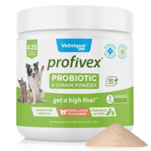 vetnique labs profivex probiotics for dogs all natural dog chews & powder for digestive health probiotic supplements for dogs 5 strains of probiotics & prebiotics (powder, 4.25oz)