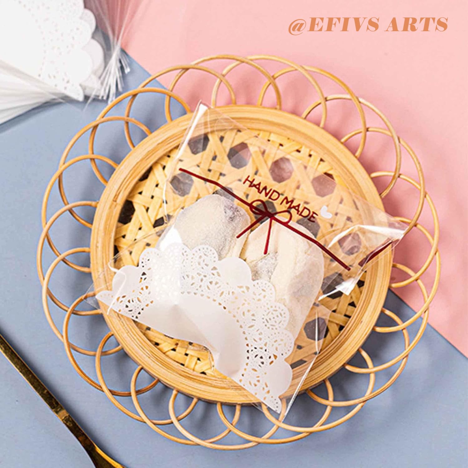 Efivs Arts 200pcs 5.5x5.5in Lovely Lace Bowknot Clear Biscuit Roasting Treat Present DIY Plastic Candy Individual Wrappers Self Adhesive OPP Cookie Bakery Decorating Favor Bags