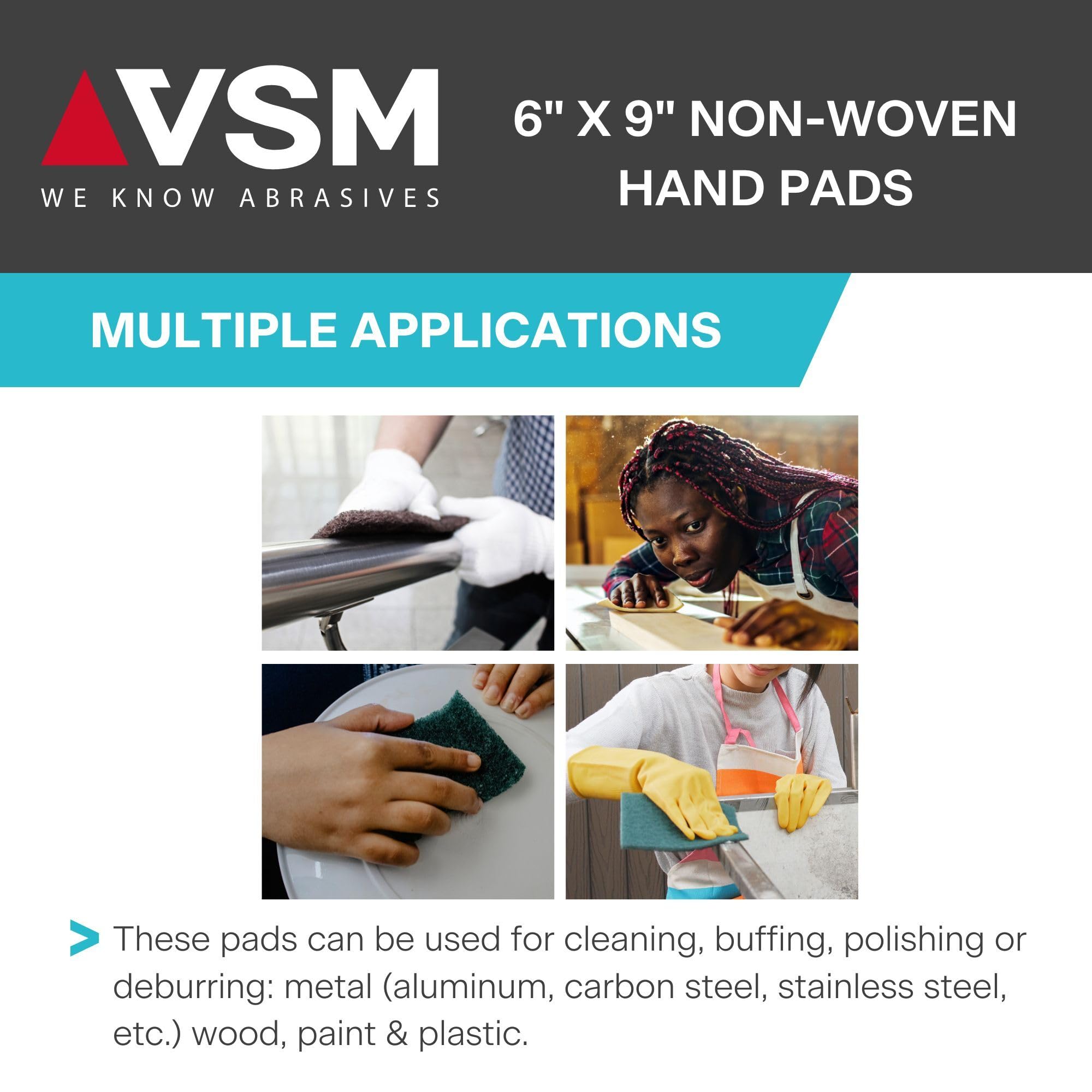 VSM 10-Pack: 6" x 9", Maroon - Very FIne, Non-Woven Hand Pad, Aluminum Oxide Grains, Rust and Oxidation Resistant, Multipurpose Abrasive Scrub Pad for Finishing and Cleaning