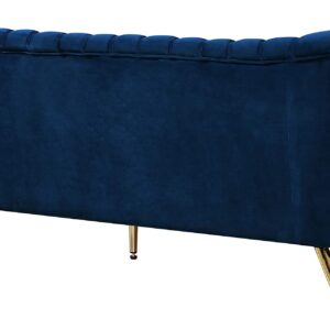 Meridian Furniture Margo Collection Modern | Contemporary Velvet Upholstered Sofa with Deep Channel Tufting and Rich Gold Stainless Steel Legs, Navy, 88" W x 30" D x 33" H