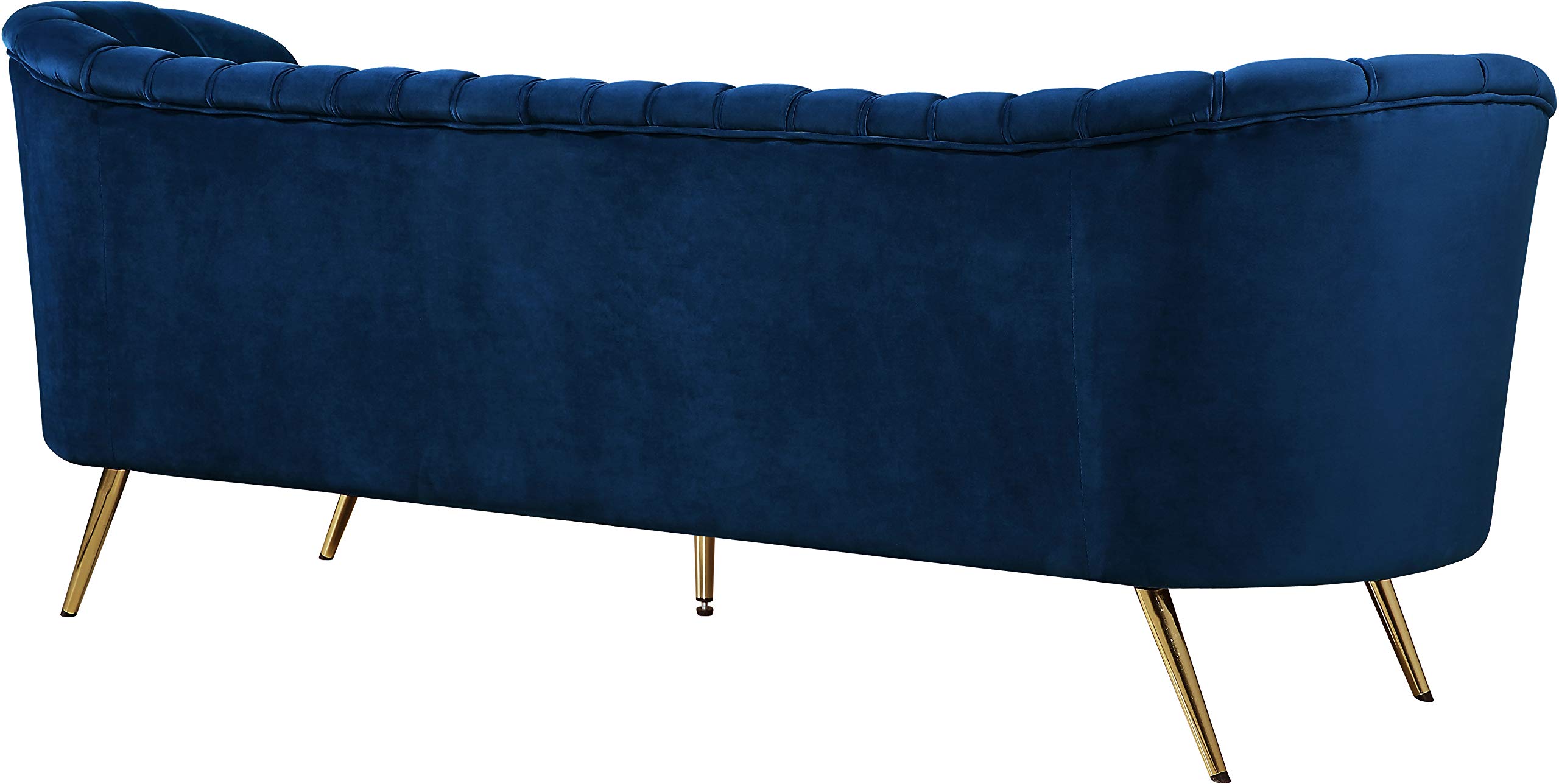 Meridian Furniture Margo Collection Modern | Contemporary Velvet Upholstered Sofa with Deep Channel Tufting and Rich Gold Stainless Steel Legs, Navy, 88" W x 30" D x 33" H