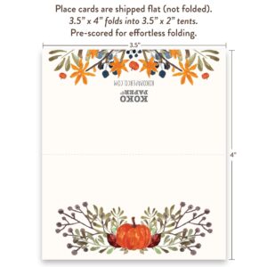 Koko Paper Co Thanksgiving Table Place Cards with Pumpkin and Fall Leaves | 50 Tent Style Dinner Setting Name Cards | Designed and Made in the U.S.A.