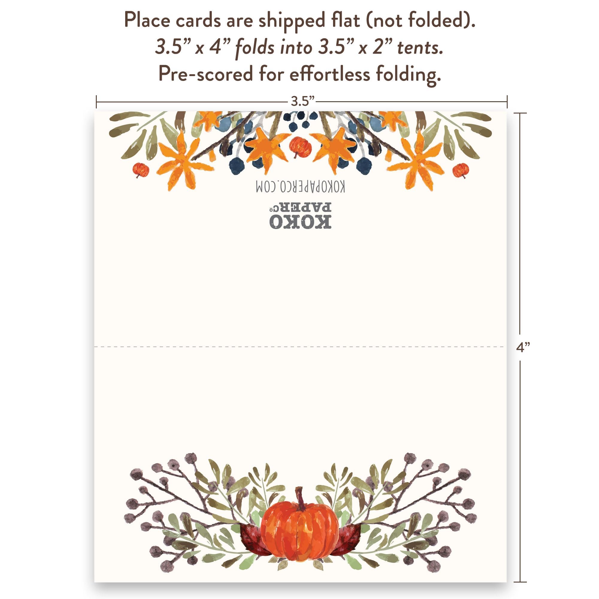 Koko Paper Co Thanksgiving Table Place Cards with Pumpkin and Fall Leaves | 50 Tent Style Dinner Setting Name Cards | Designed and Made in the U.S.A.