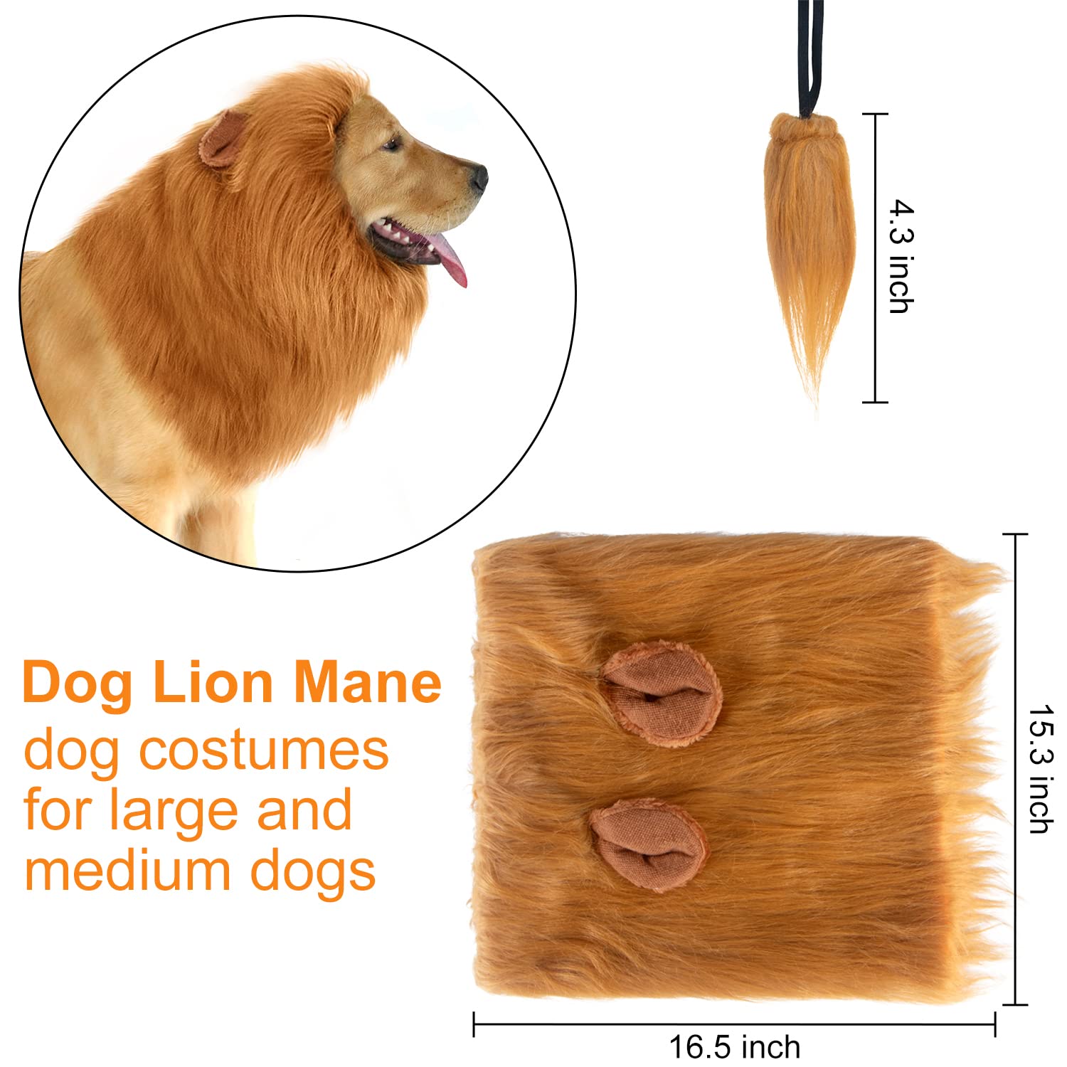 CPPSLEE Lion Mane for Dog Costumes, Dog Lion Mane, Realistic Lion Wig for Medium to Large Sized Dogs, Large Dog Halloween Costumes, Lion Mane for Dog, Halloween Costumes for Dogs (Brown)